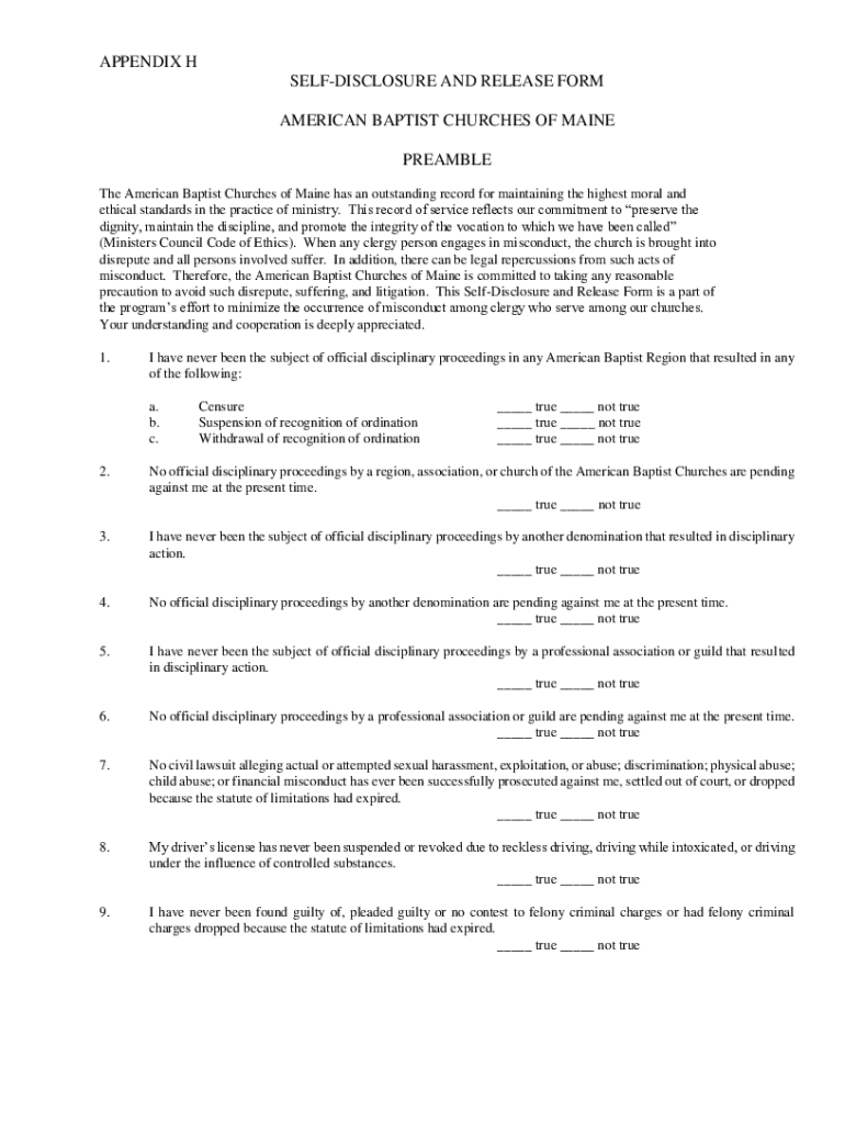 Fillable Online APPENDIX H SELF-DISCLOSURE AND RELEASE FORM ... Fax ...