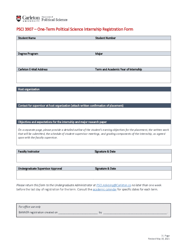 Fillable Online 2021 One-term Political Science Internship - Psci 3907 ...