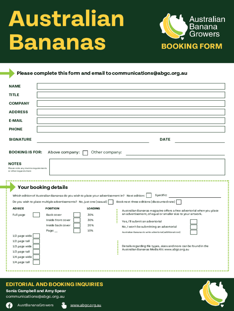 Fillable Online Australian Bananas Booking Form 2023 for Advertisement ...