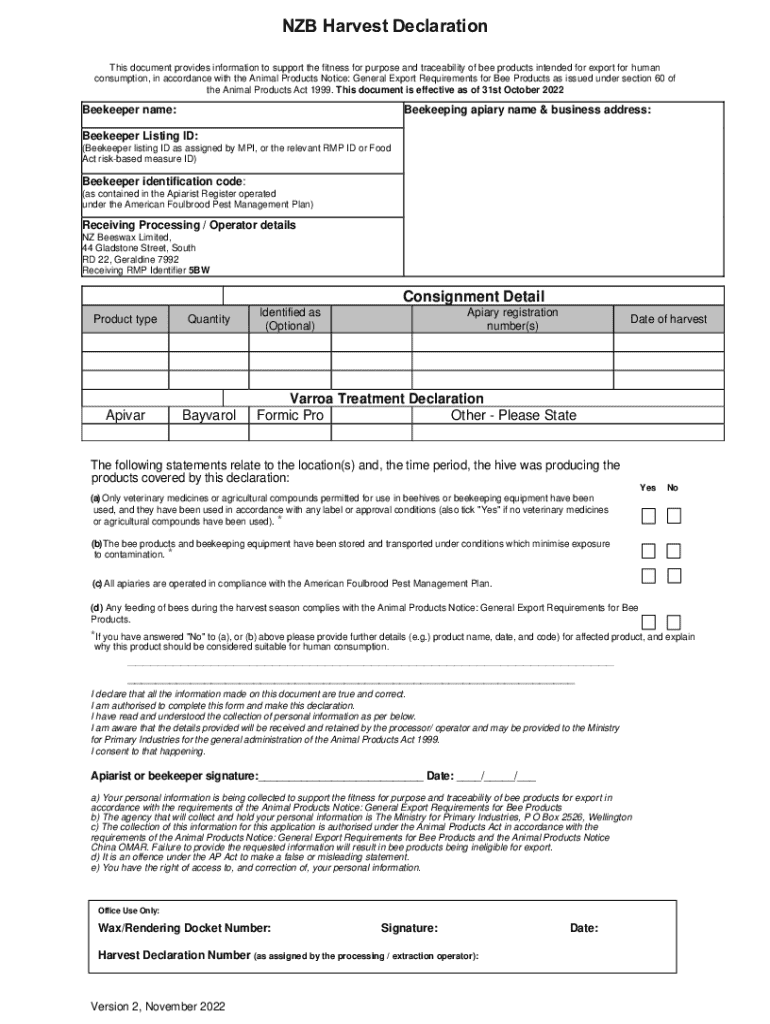 Fillable Online Nzb Harvest Declaration for Bee Products Export ...