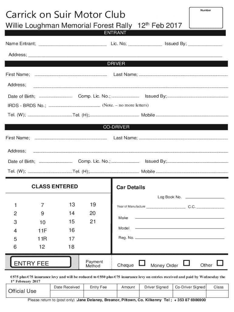Fillable Online Willie Loughman Memorial Forest Rally 2017 - Entry Form ...