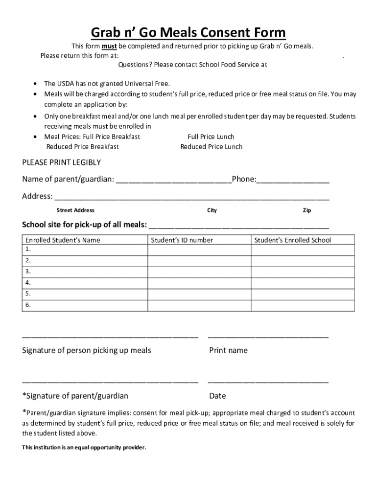 Fillable Online Grab N’ Go Meals Consent Form 2023 - Essential Student ...