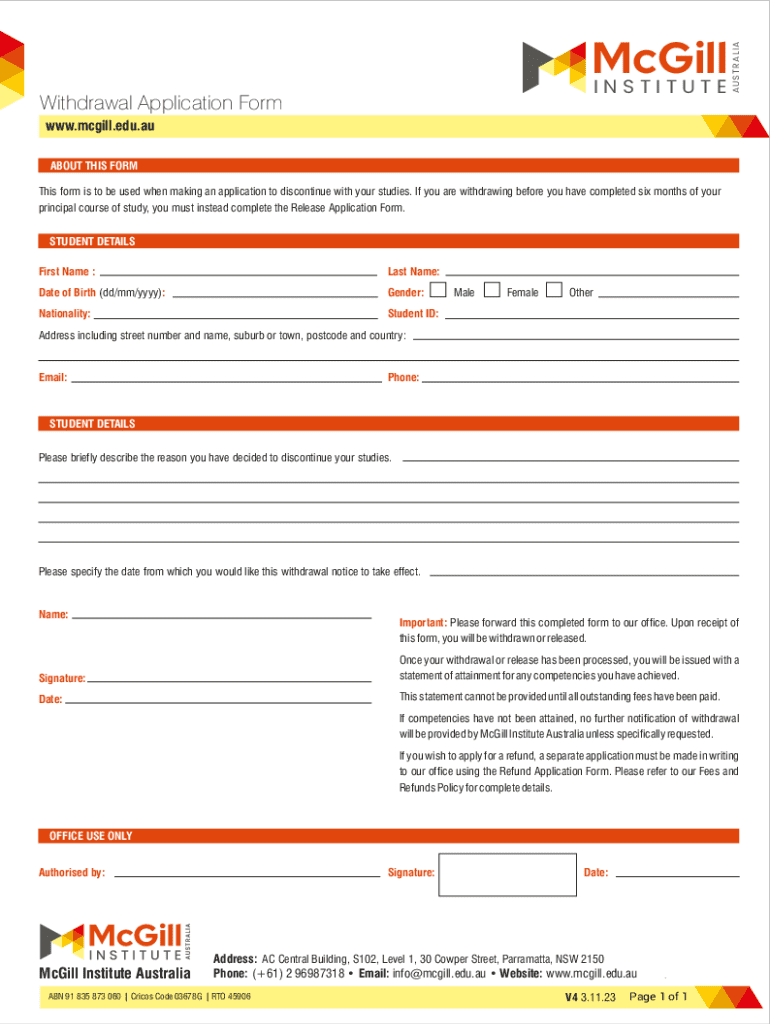 Fillable Online Withdrawal Application Form 2023 - Mcgill Institute Australia Fax Email Print ...