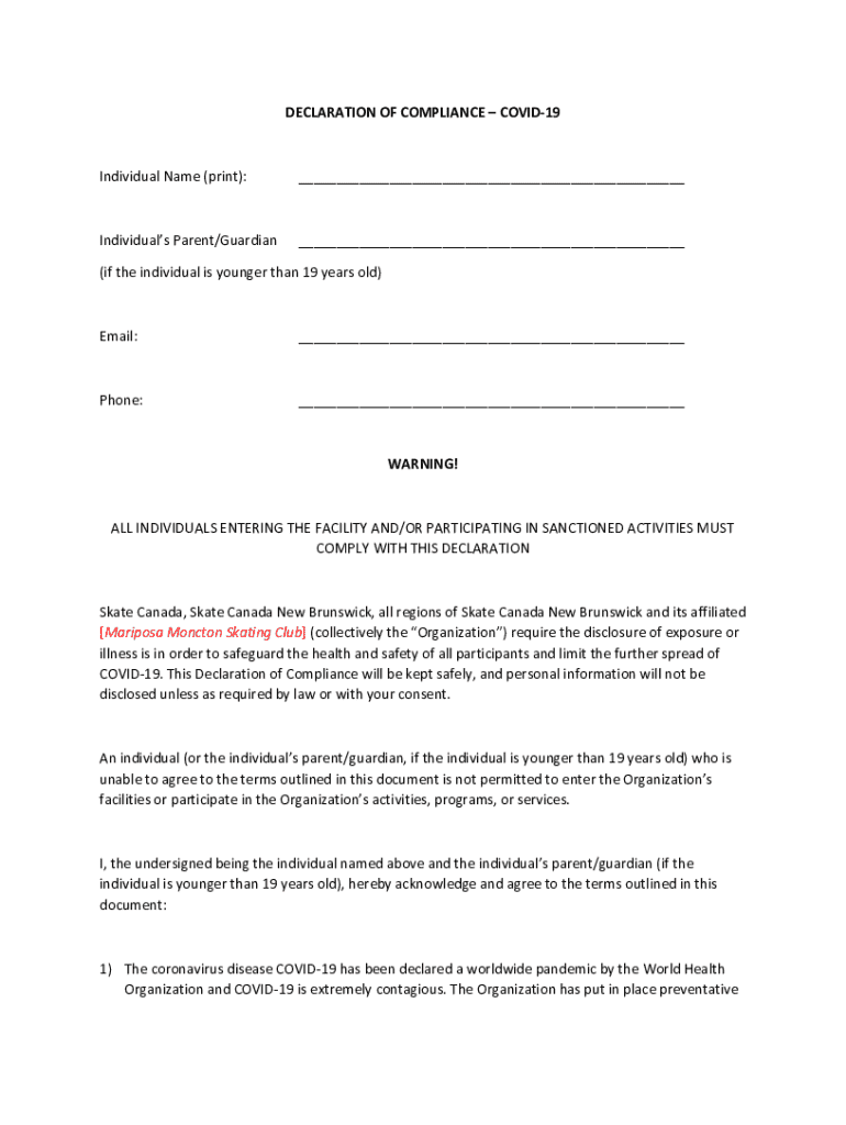Fillable Online Declaration of Compliance for Covid-19 Safety - 2023 ...