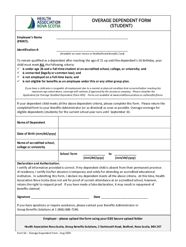 Fillable Online Overage Dependent Form for Students - Eligibility ...