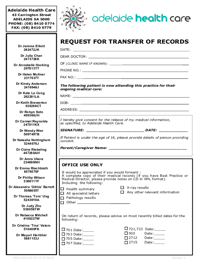 Fillable Online Adelaide Health Care Request for Transfer of Medical ...