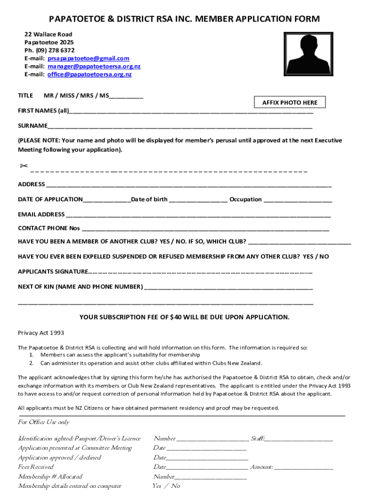Fillable Online Papatoetoe & District Rsa Member Application Form 2023 ...