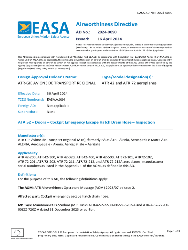 Fillable Online Easa Airworthiness Directive 2024-0090: Atr 42 and 72 ...