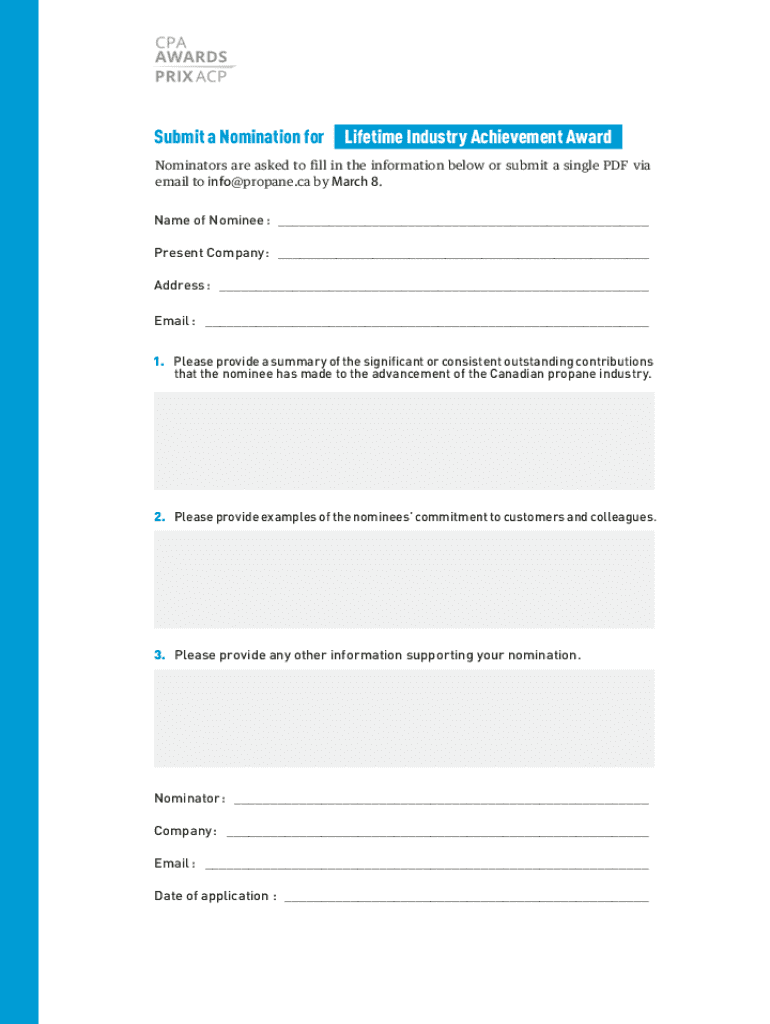Fillable Online Cpa Lifetime Industry Achievement Award Nomination 2023 Fax Email Print - pdfFiller