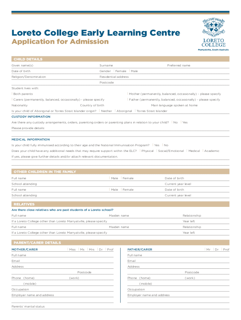Fillable Online 2023 Loreto College Early Learning Centre Admission Application Fax Email Print ...