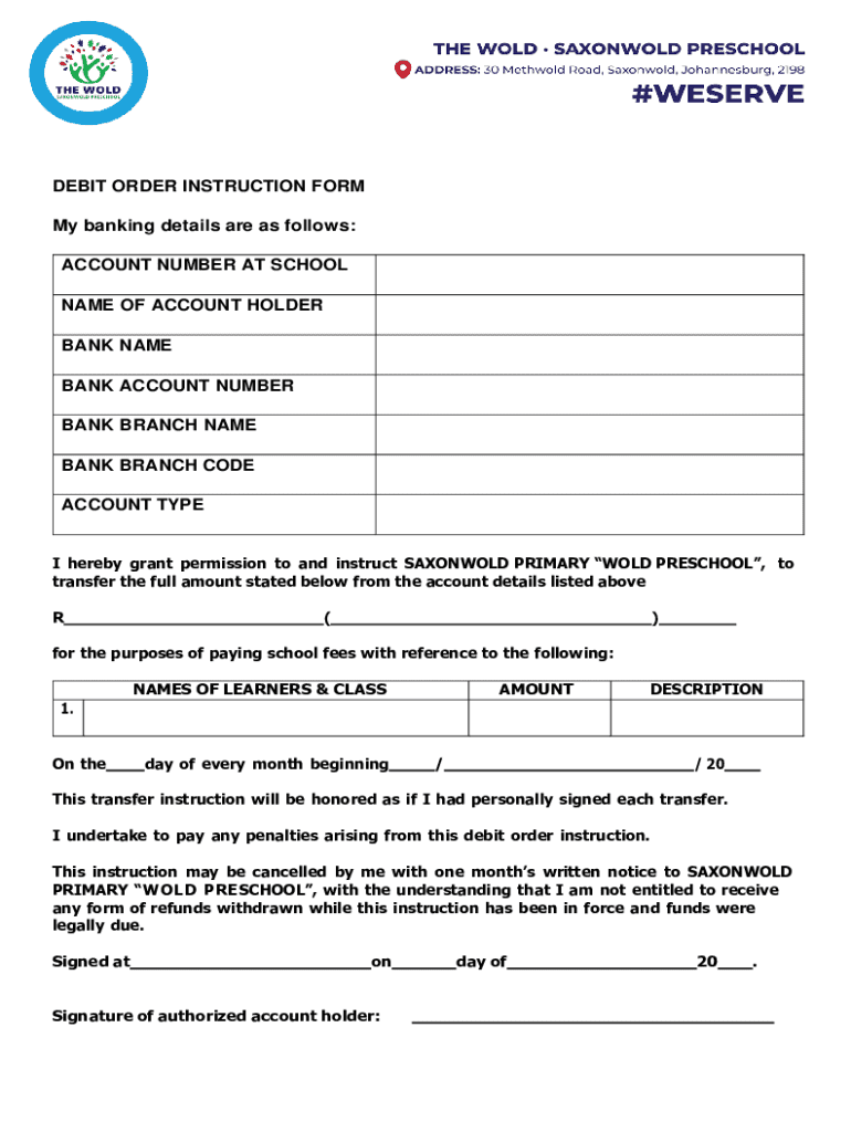 Fillable Online Debit Order Instruction Form 2023 - Saxonwold Primary ...
