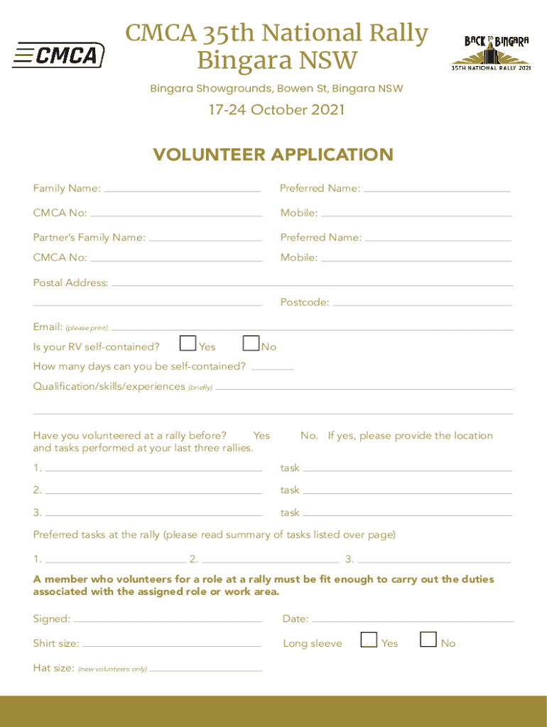 Fillable Online Cmca 35th National Rally Volunteer Application - Bingara Nsw 2021 Fax Email ...