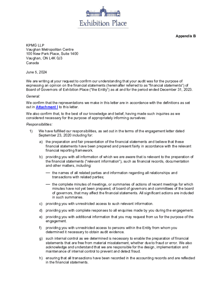 Fillable Online Appendix B - Management Representation Letter. Appendix B - Management ...