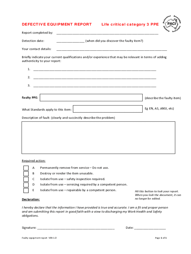 Fillable Online Defective Equipment Report for Critical Ppe 2023 Fax ...