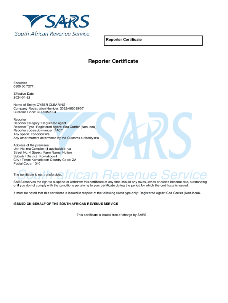 Fillable Online Reporter Certificate for Registered Agent Sea Carrier ...