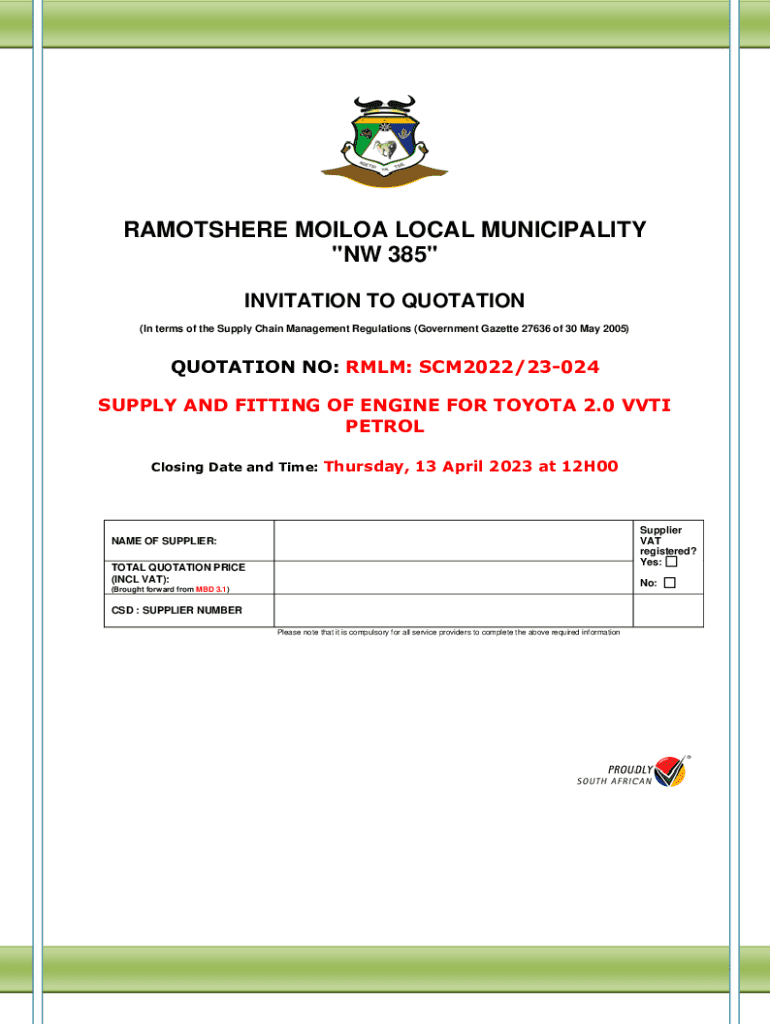 Fillable Online Invitation to Quotation: Supply and Fitting of Toyota 2 ...