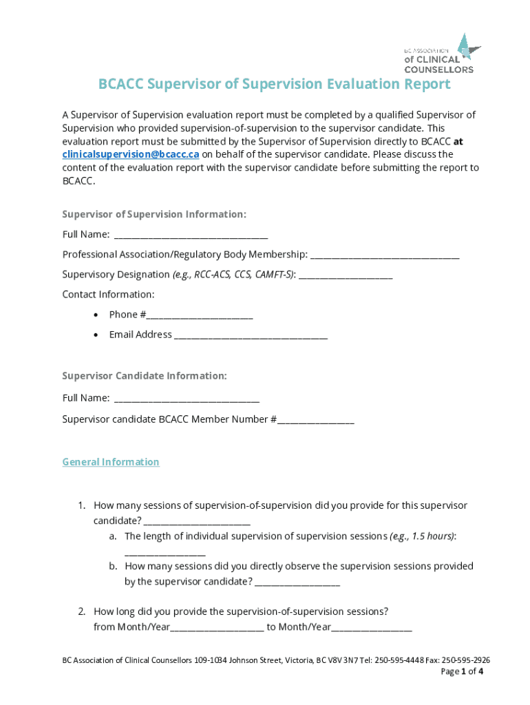 Fillable Online Bcacc Supervisor of Supervision Evaluation Report 2023 Fax Email Print - pdfFiller