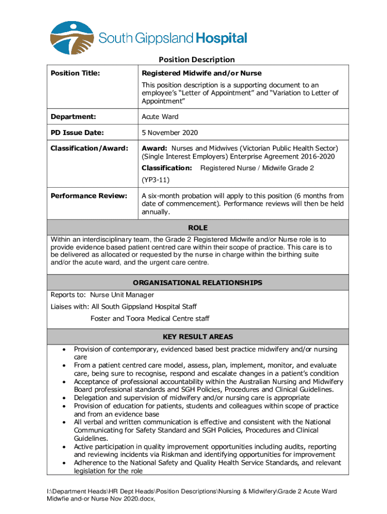 Fillable Online Registered Midwife and Nurse Position Description 2020 ...