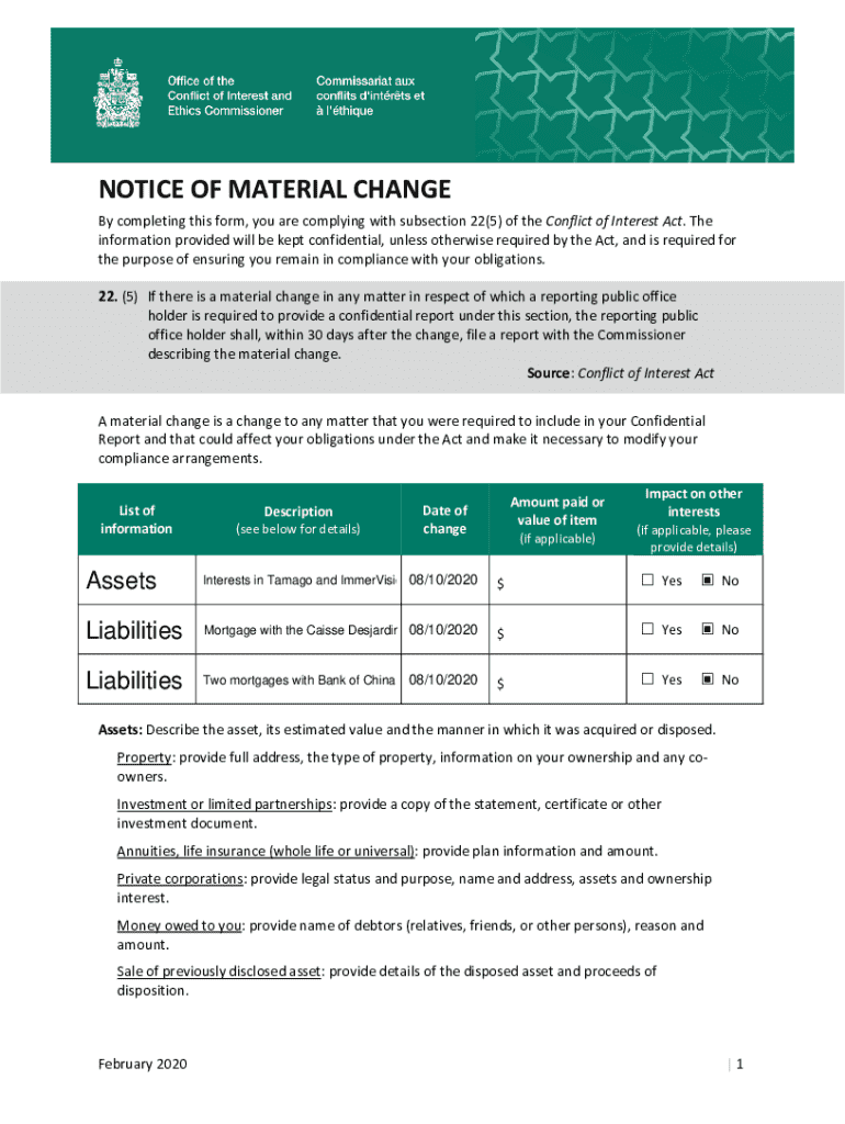 Fillable Online Material Change Notice 2020 - Conflict of Interest ...