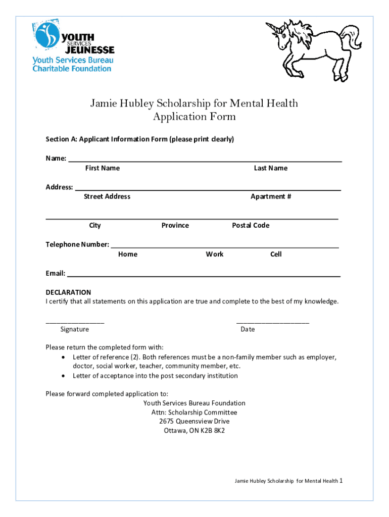 Fillable Online Jamie Hubley Scholarship for Mental Health Application ...
