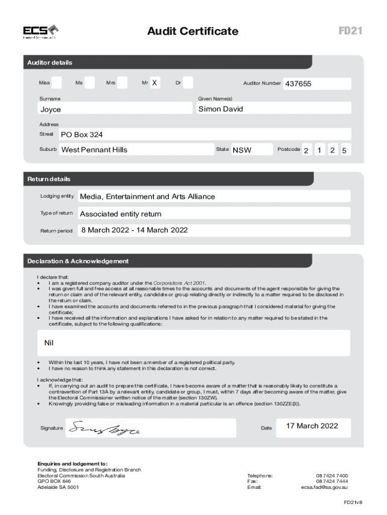 Fillable Online Audit Certificate 2022 - Media, Entertainment and Arts ...