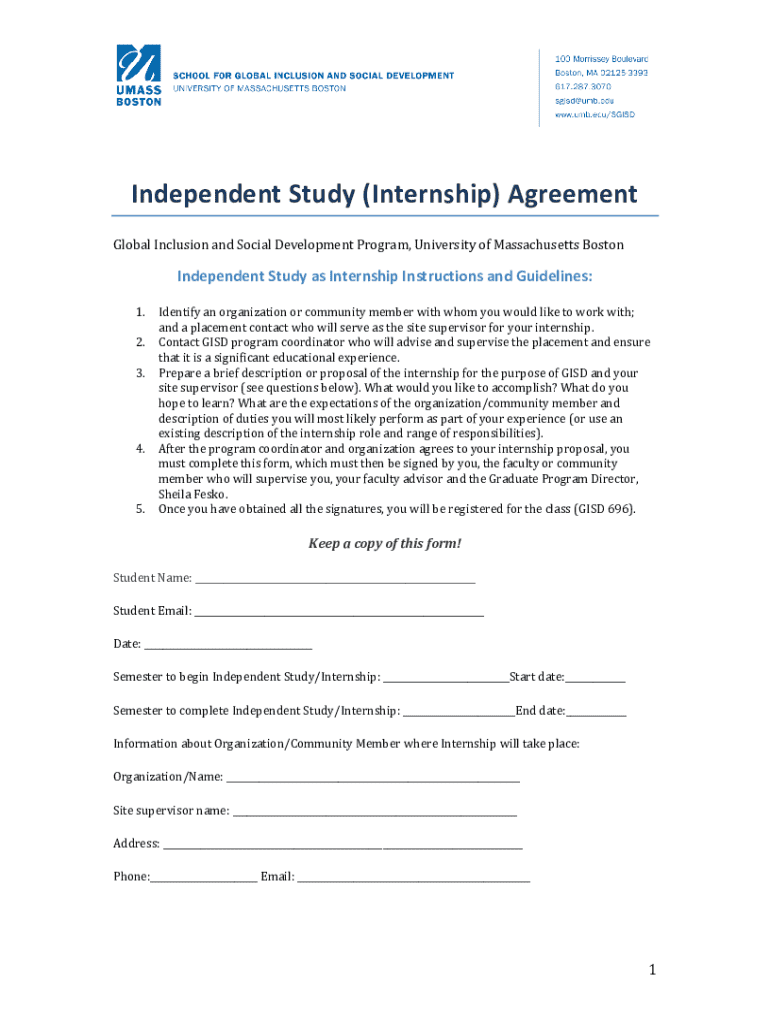 Fillable Online Independent Study Internship Agreement 2023 | Umass Boston Fax Email Print ...