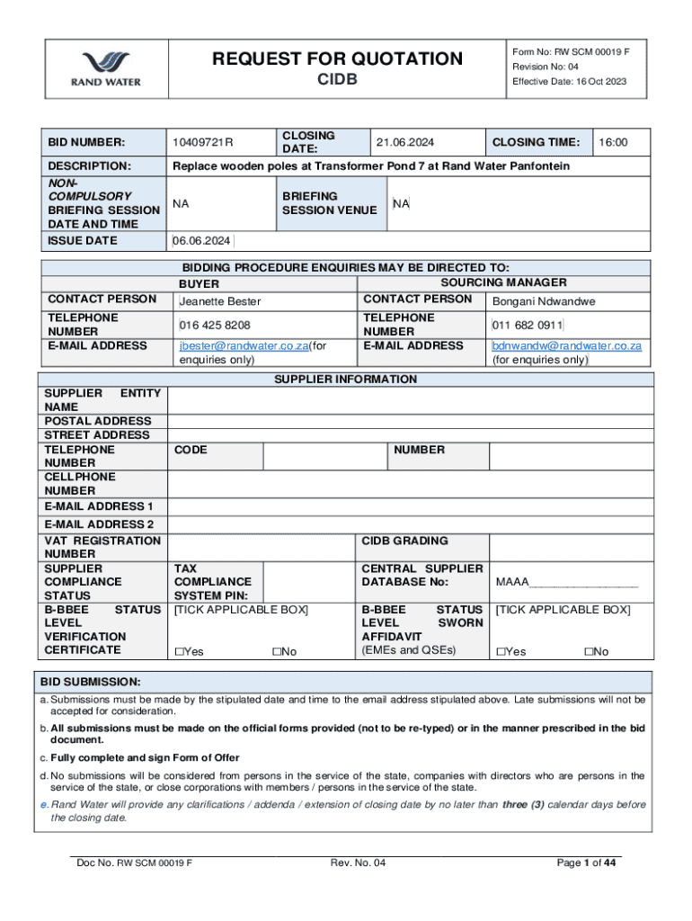Fillable Online 2023 Request for Quotation: Replace Wooden Poles at Rand Water Panfontein Fax ...