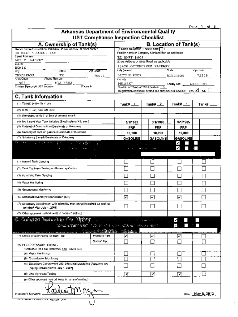 Fillable Online Ust Compliance Inspection Checklist 2013 - Arkansas ...