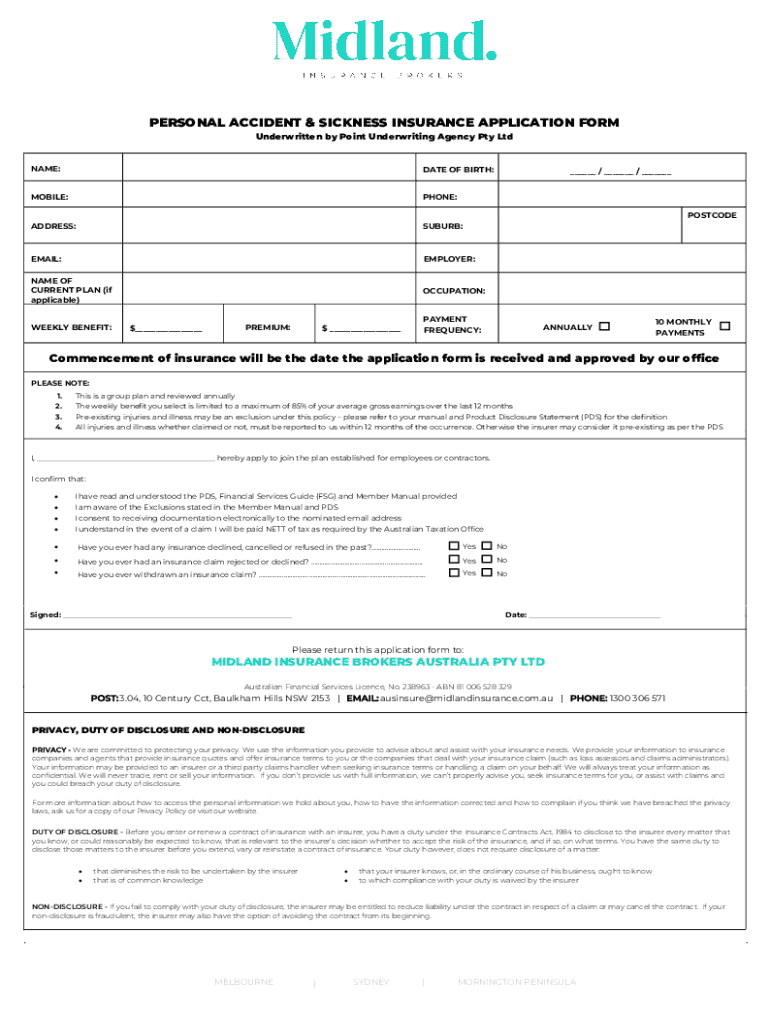 Fillable Online Personal Accident & Sickness Insurance Application Form ...