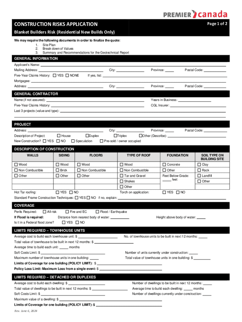 Fillable Online Construction Risks Application - Blanket Builders Risk ...