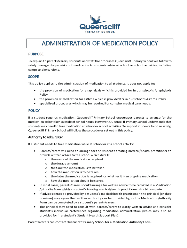 Fillable Online Queenscliff Primary School Medication Administration ...