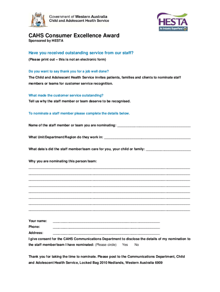 Fillable Online Nomination for Cahs Consumer Excellence Award 2023 Fax ...