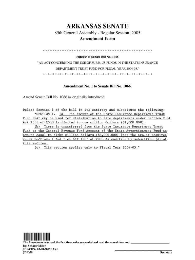 Fillable Online Arkansas Senate Amendment to Sb 1066 - Use of Surplus Funds 2005 Fax Email Print ...