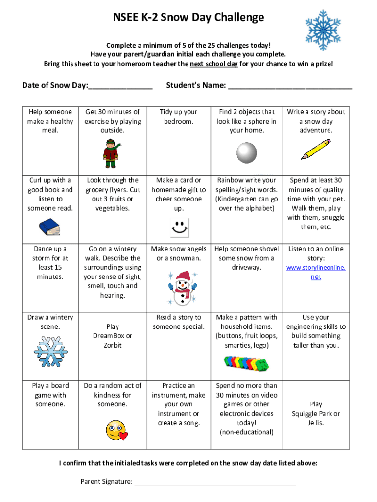 Fillable Online Nsee K-2 Snow Day Challenge 2023 - Fun Activities for ...