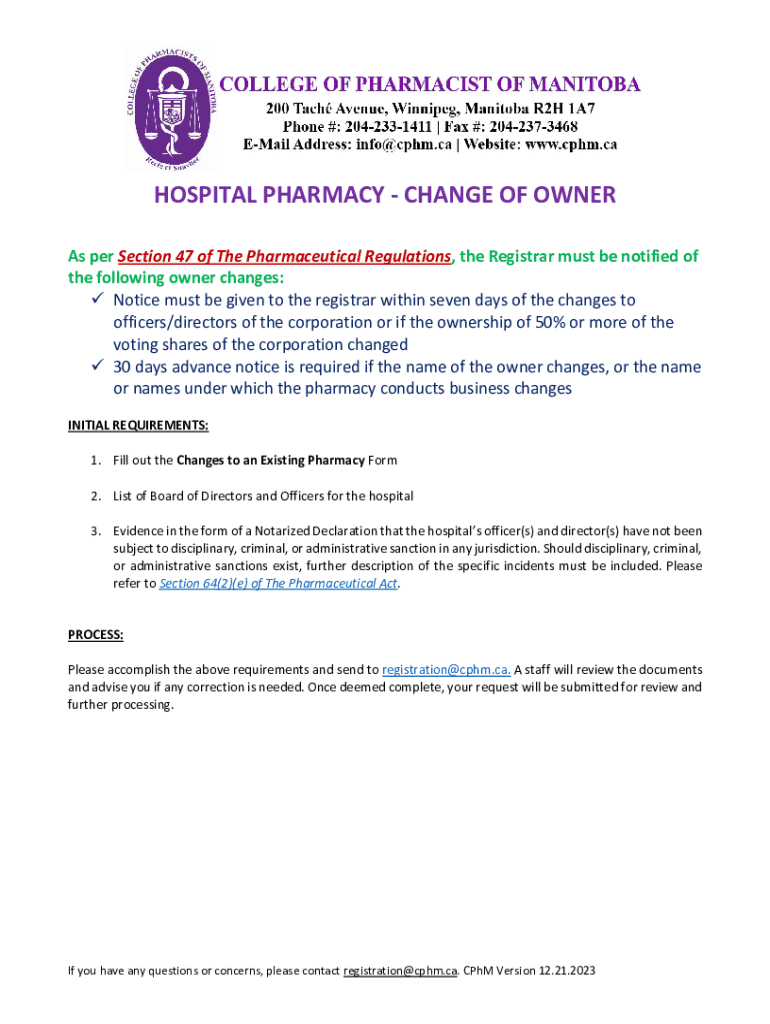 Fillable Online 2023 Hospital Pharmacy Change of Owner Notification and ...