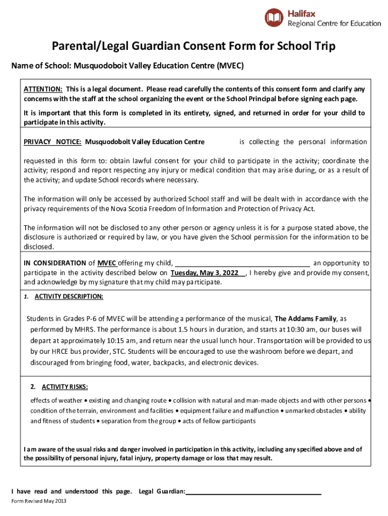 Fillable Online 2022 Parental Consent Form for Musquodoboit Valley Education Centre Trip Fax ...