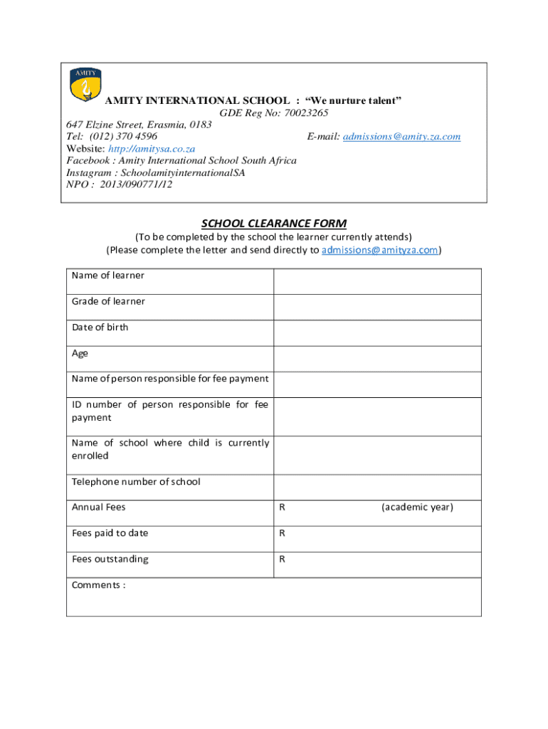 Fillable Online Amity International School Clearance Form 2023 ...