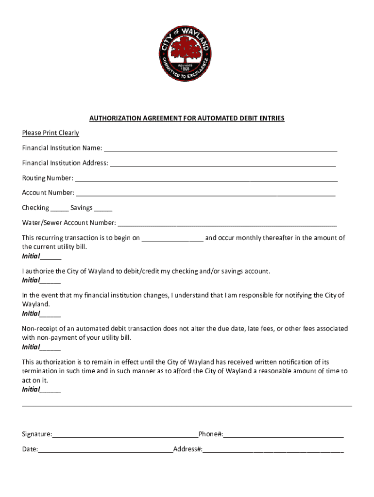 Fillable Online Automated Debit Agreement 2023 - City of Wayland Utilities Fax Email Print ...
