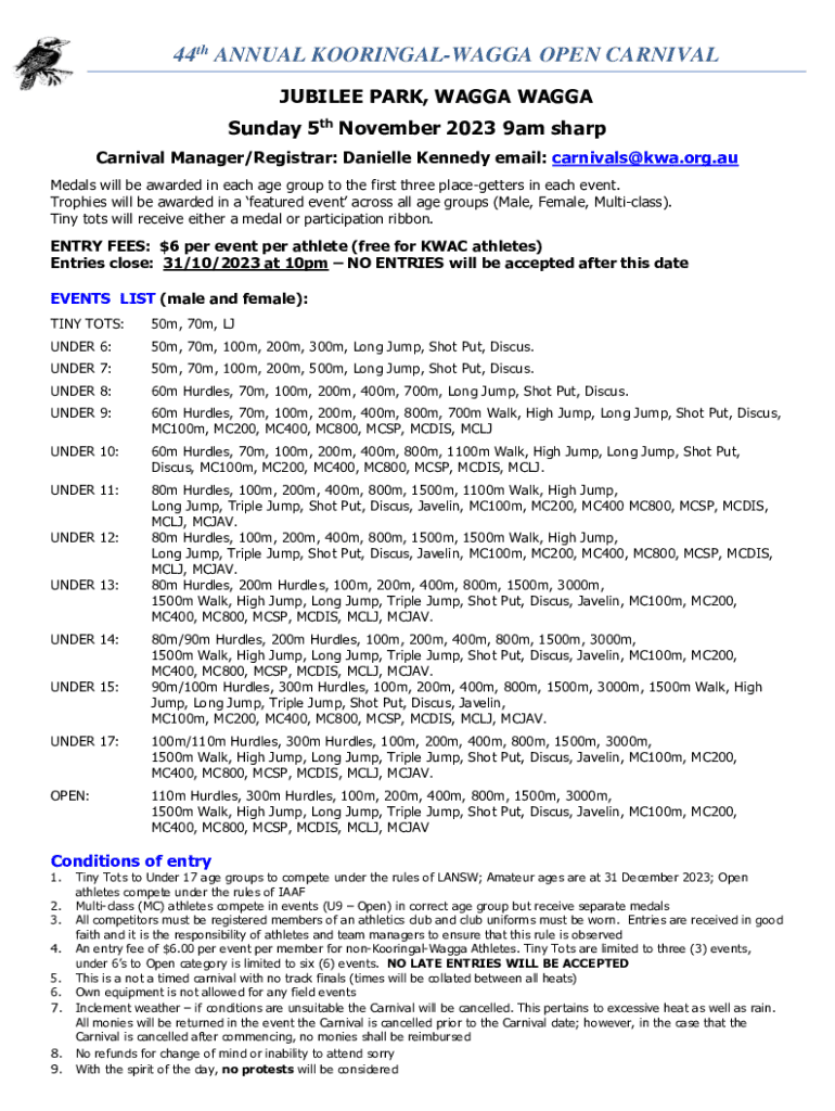 Fillable Online 2023 Kooringal-wagga 44th Annual Open Carnival ...
