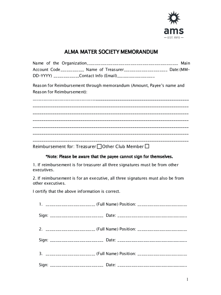 Fillable Online 2023 Alma Mater Society Reimbursement Memorandum Fax Email Print - pdfFiller