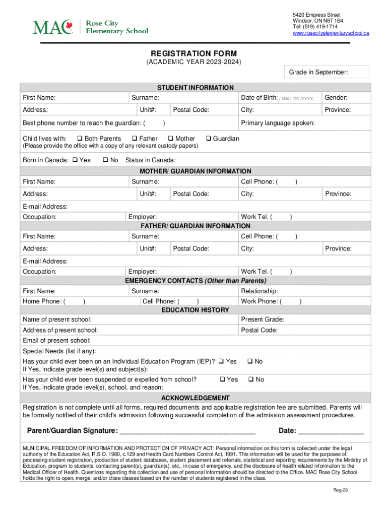 Fillable Online Rose City Elementary School Registration Form 2023-2024 ...