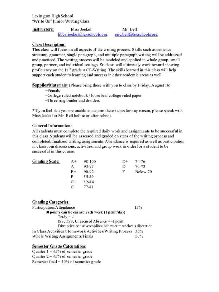 Fillable Online Write on Junior Writing Class Syllabus 2020 - Lexington ...