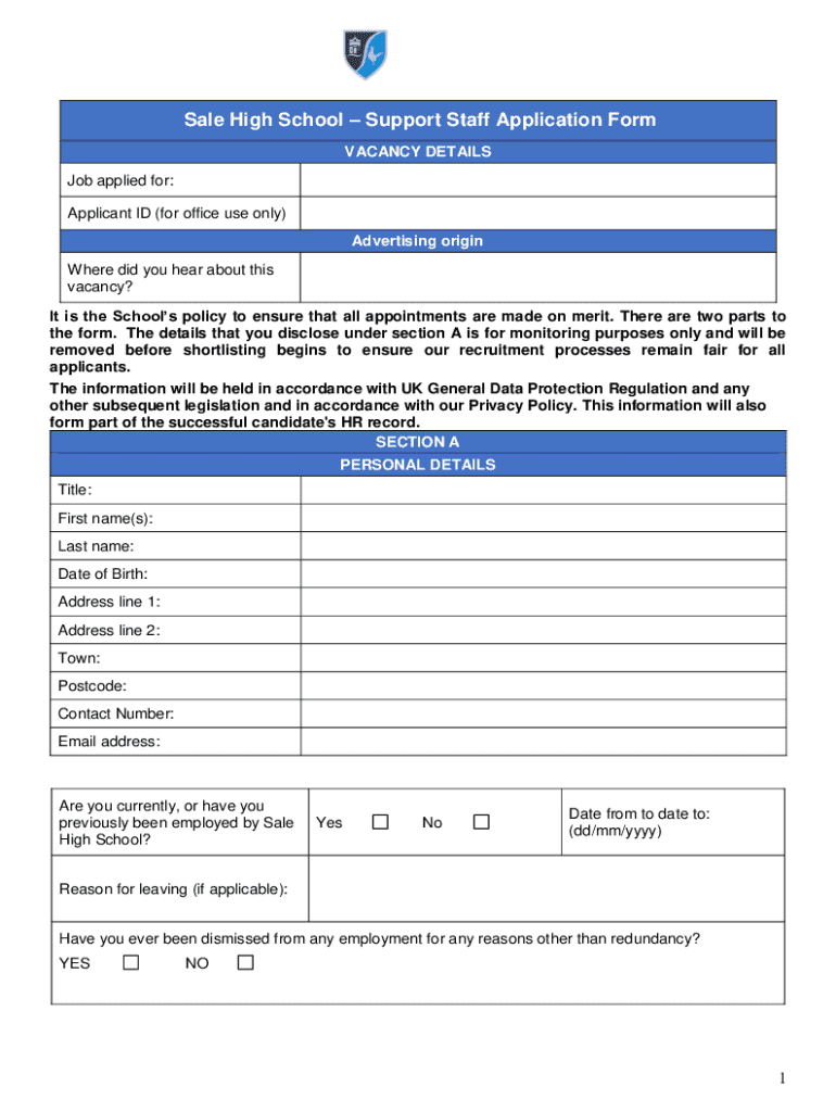 Fillable Online Sale High School Support Staff Application Form 2023 Fax Email Print - pdfFiller