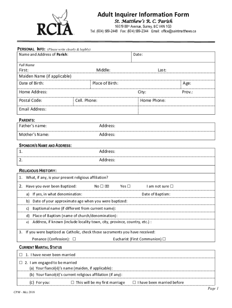 Fillable Online Adult Inquirer Information Form 2016 - St. Matthew’s R ...