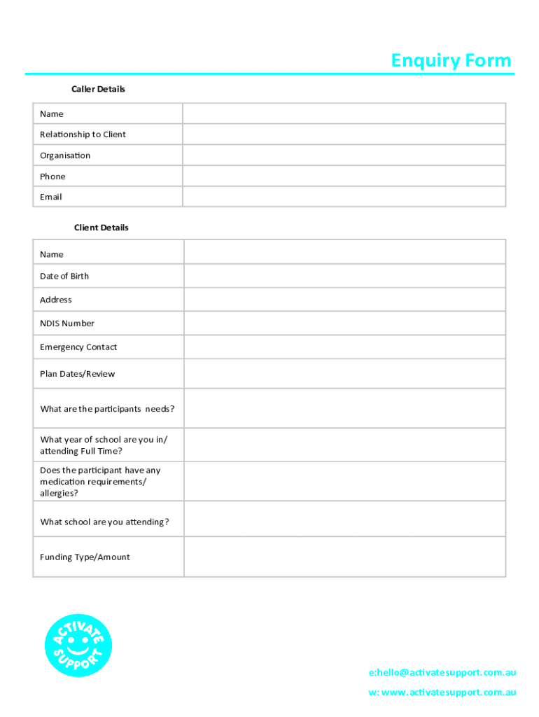 Fillable Online 2023 Ndis Enquiry Form for Client Support Needs Fax ...