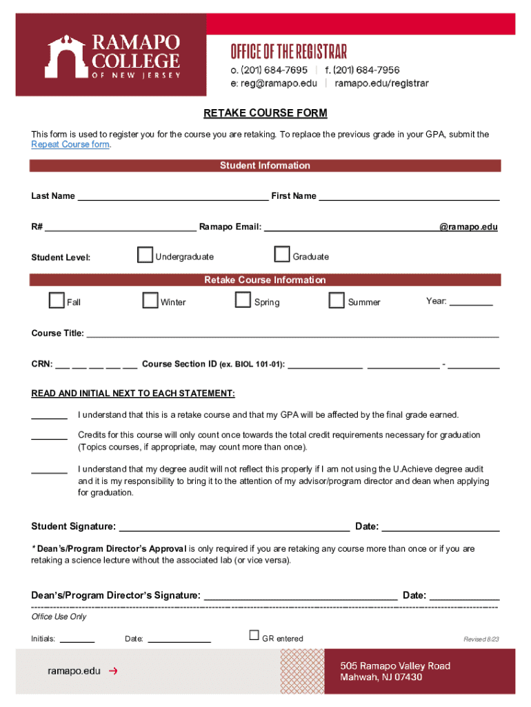 Fillable Online Retake Course Registration Form 2023 - Ramapo ...