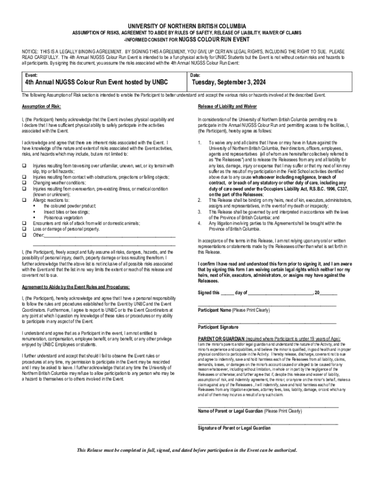 Fillable Online Nugss Colour Run Event 2024: Assumption of Risks and ...