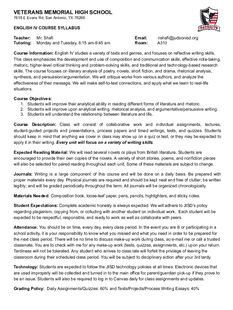 Fillable Online English Iv Course Syllabus - Veterans Memorial High ...