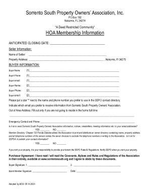 Fillable Online Hoa Membership Information Form for Sorrento South 2024 ...