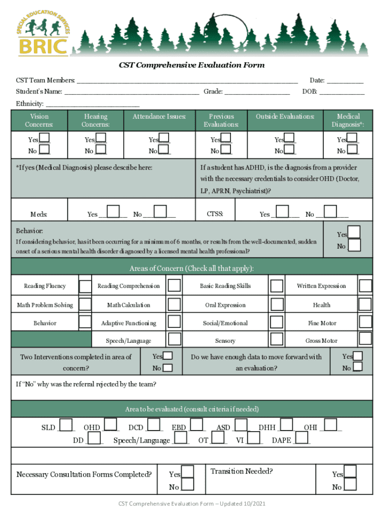 Fillable Online Cst Comprehensive Evaluation Form - 2021 Student ...